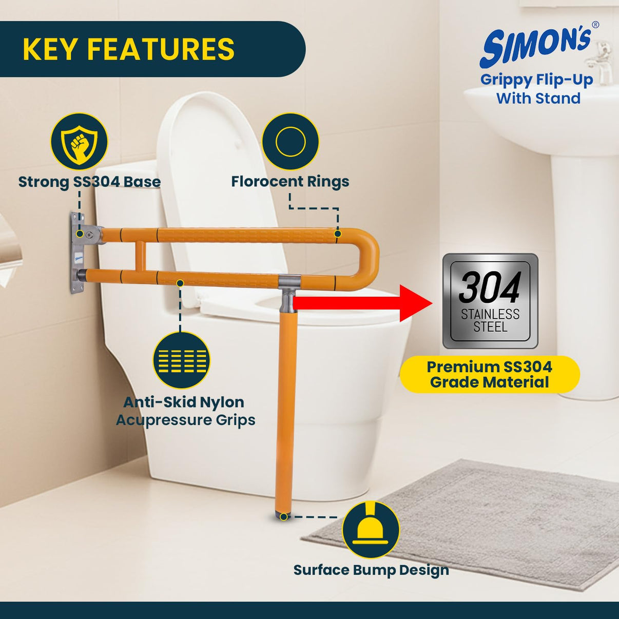 Simon’s Flip-Up Grab Bar with Floor Stand | SS304 + Nylon Build | Heav ...